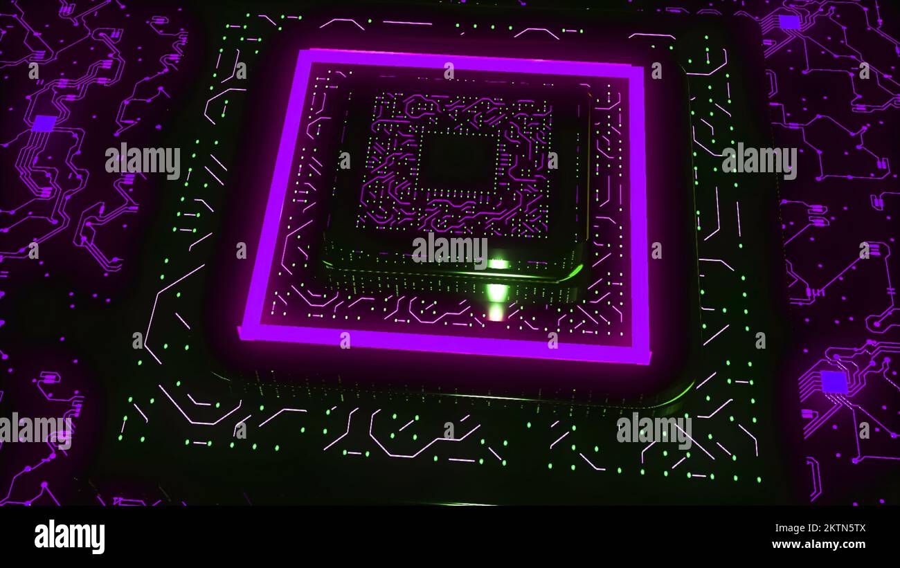 Animation with large 3D computer chip. Motion. Neon computer chip with ...