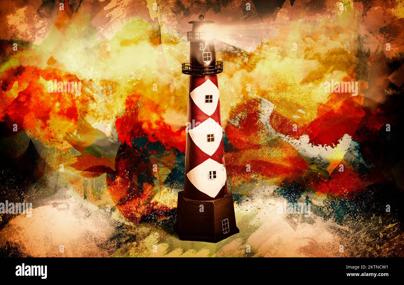 Creative digital artwork on a shining beacon blazing its lights into a ...