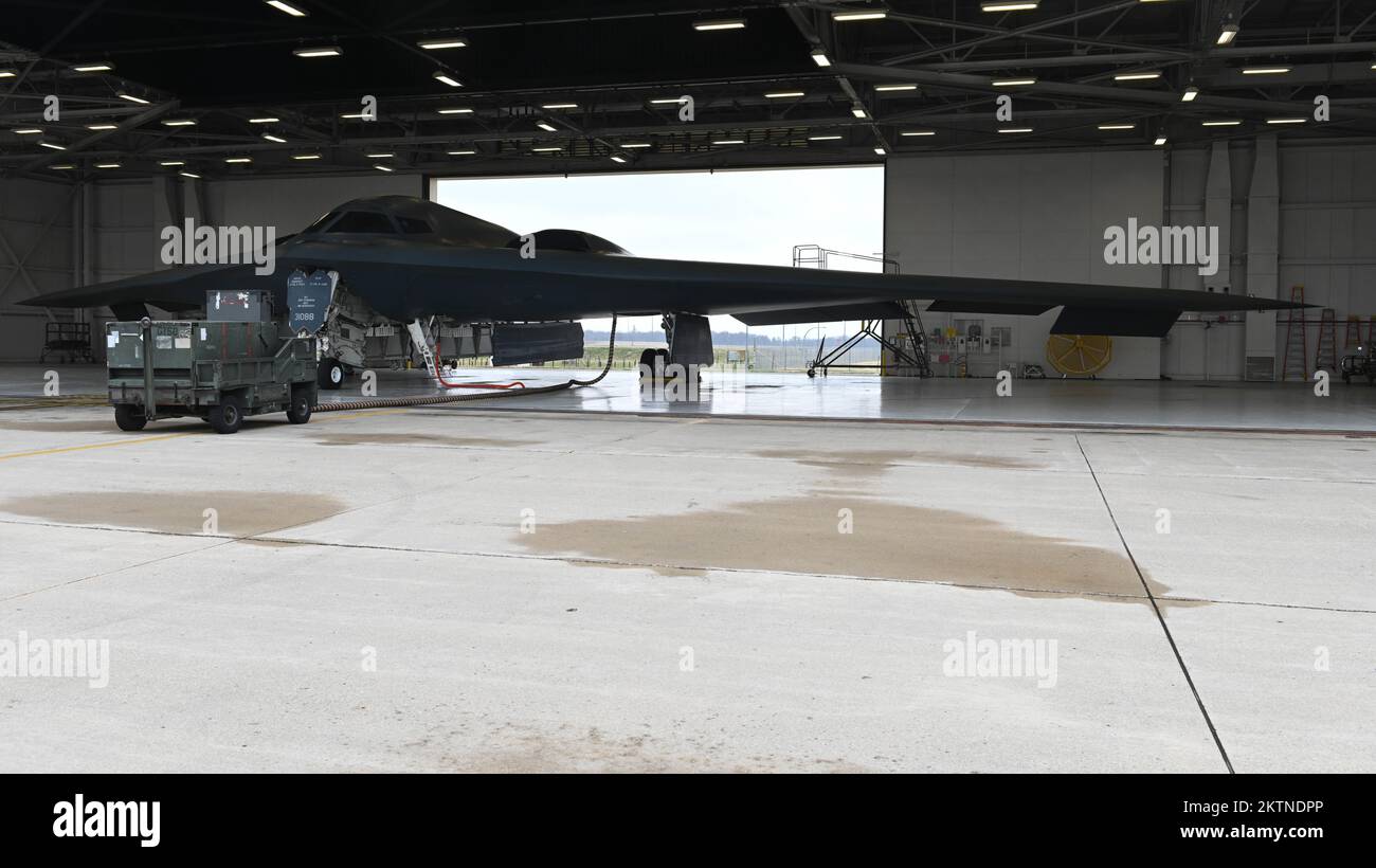 A B-2 Spirit stealth bomber assigned to the 509th Bomb Wing sits in a ...