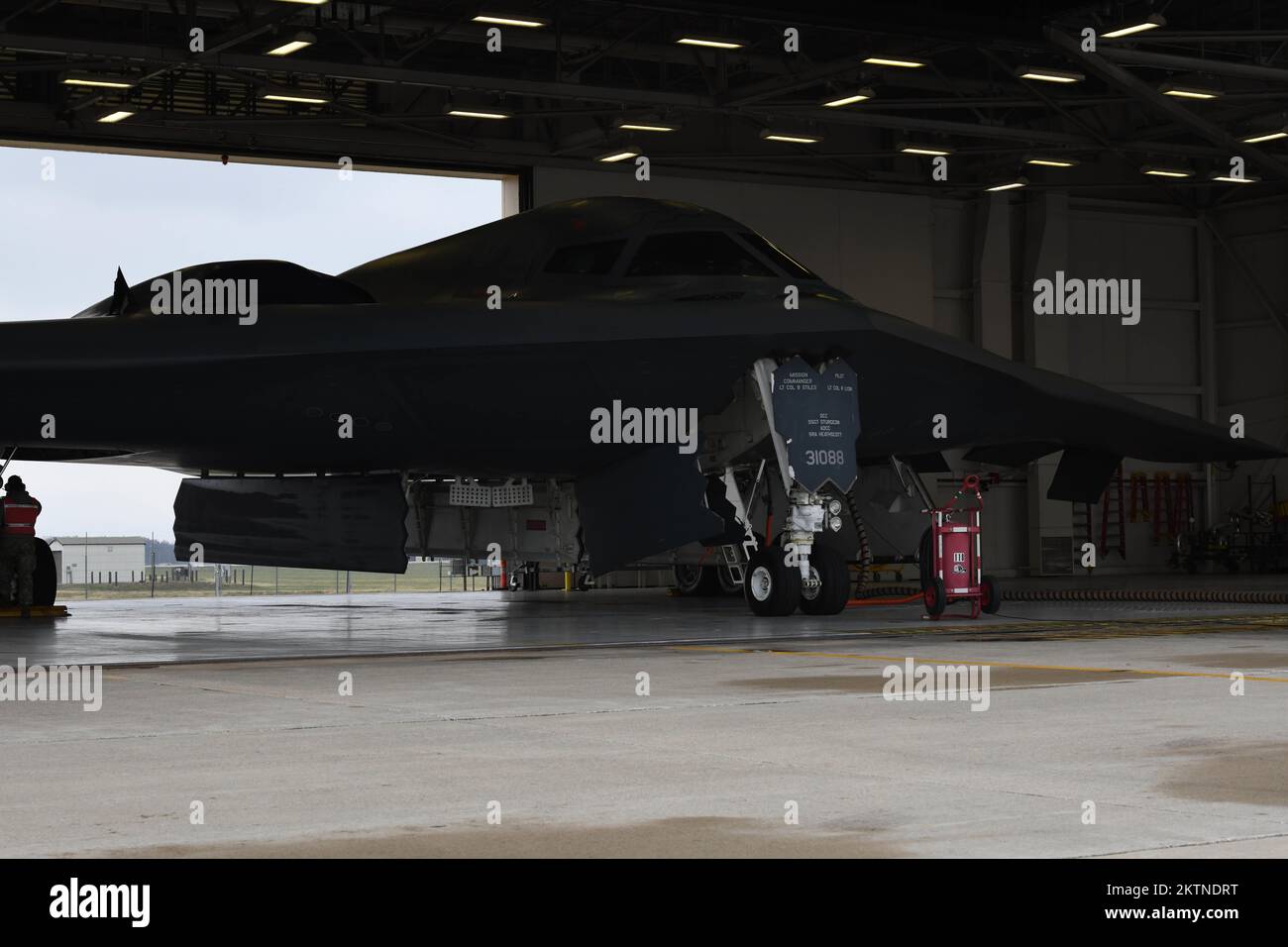 A B-2 Spirit stealth bomber assigned to the 509th Bomb Wing sits in a ...