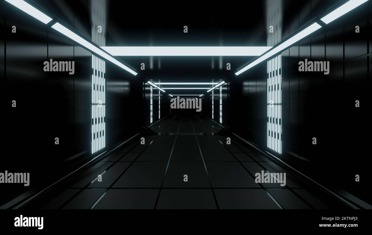 Traffic in futuristic corridor with neon lines. Design. 3D corridor ...