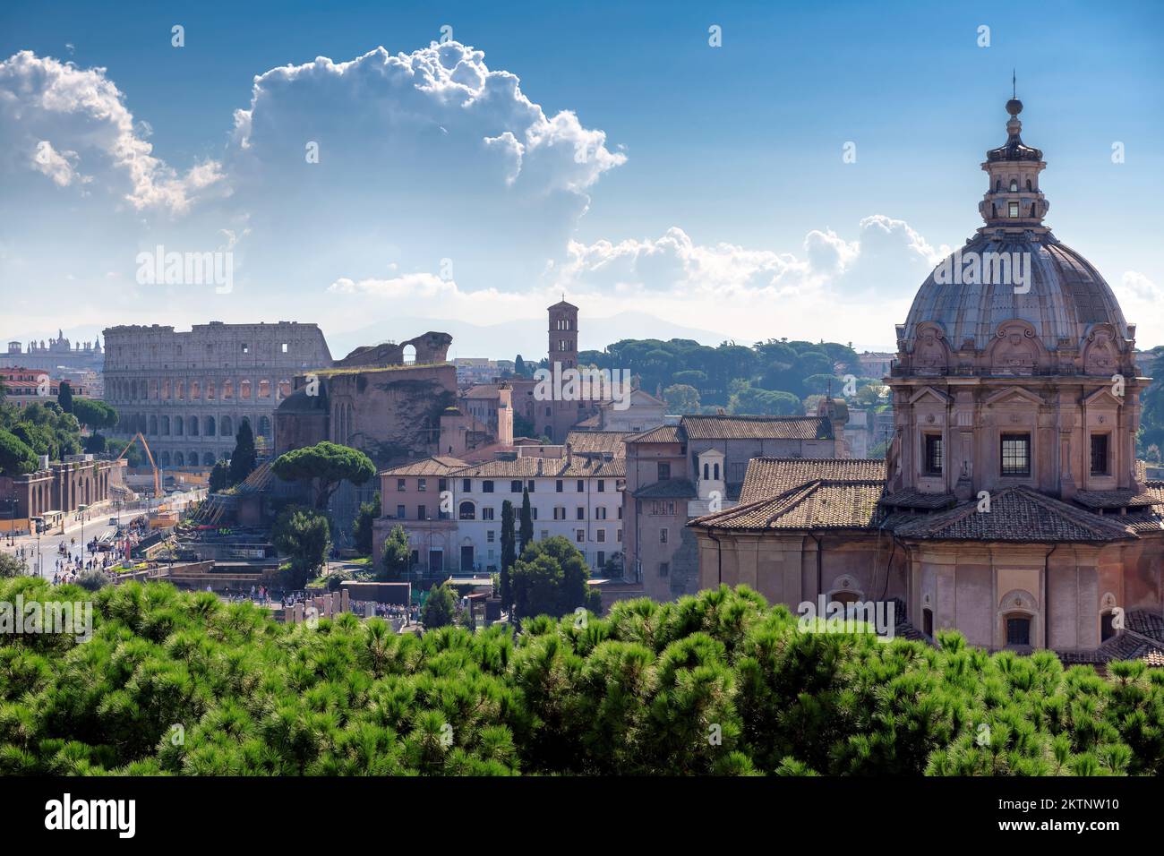 Rome skyline at sunrise. Scenic view of Rome Colosseum and Roman Forum ...