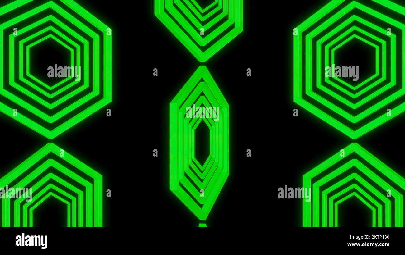 Moving chains with geometric shapes. Design. Neon hexagons move in ...