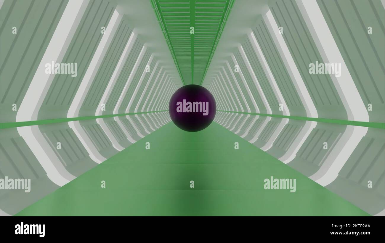 3D tunnel in futuristic style with ball. Design. Black ball is moving ...