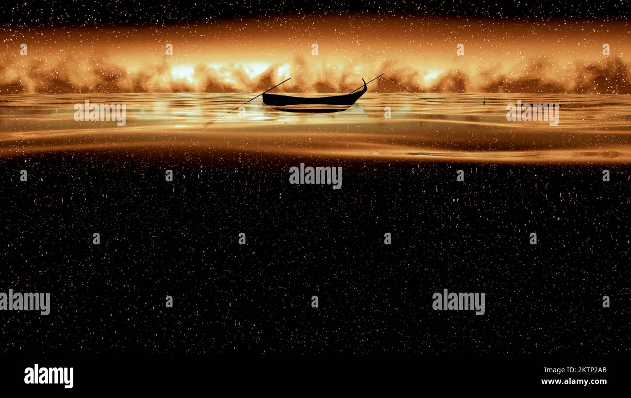 Boat in black sea on background of stars and clouds. Design. Fabulous ...