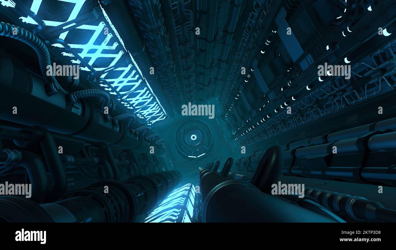 Corridor with pipes and lines in futuristic ship. Motion. Tunnel with ...