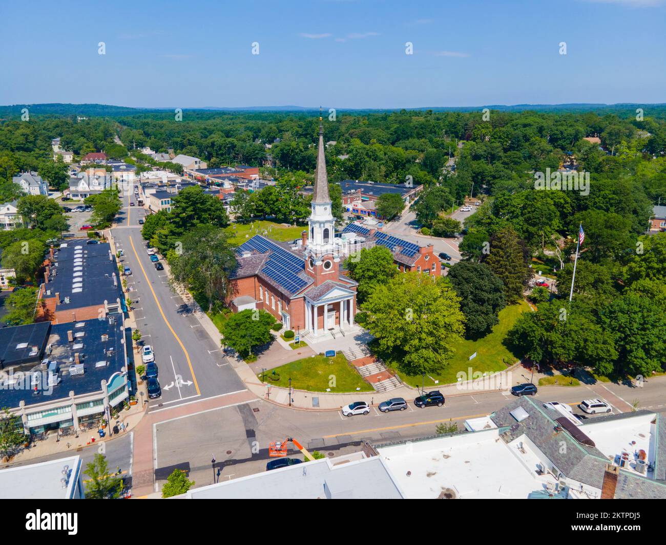 Aerial view of Wellesley Congregational Church and Central Street in ...