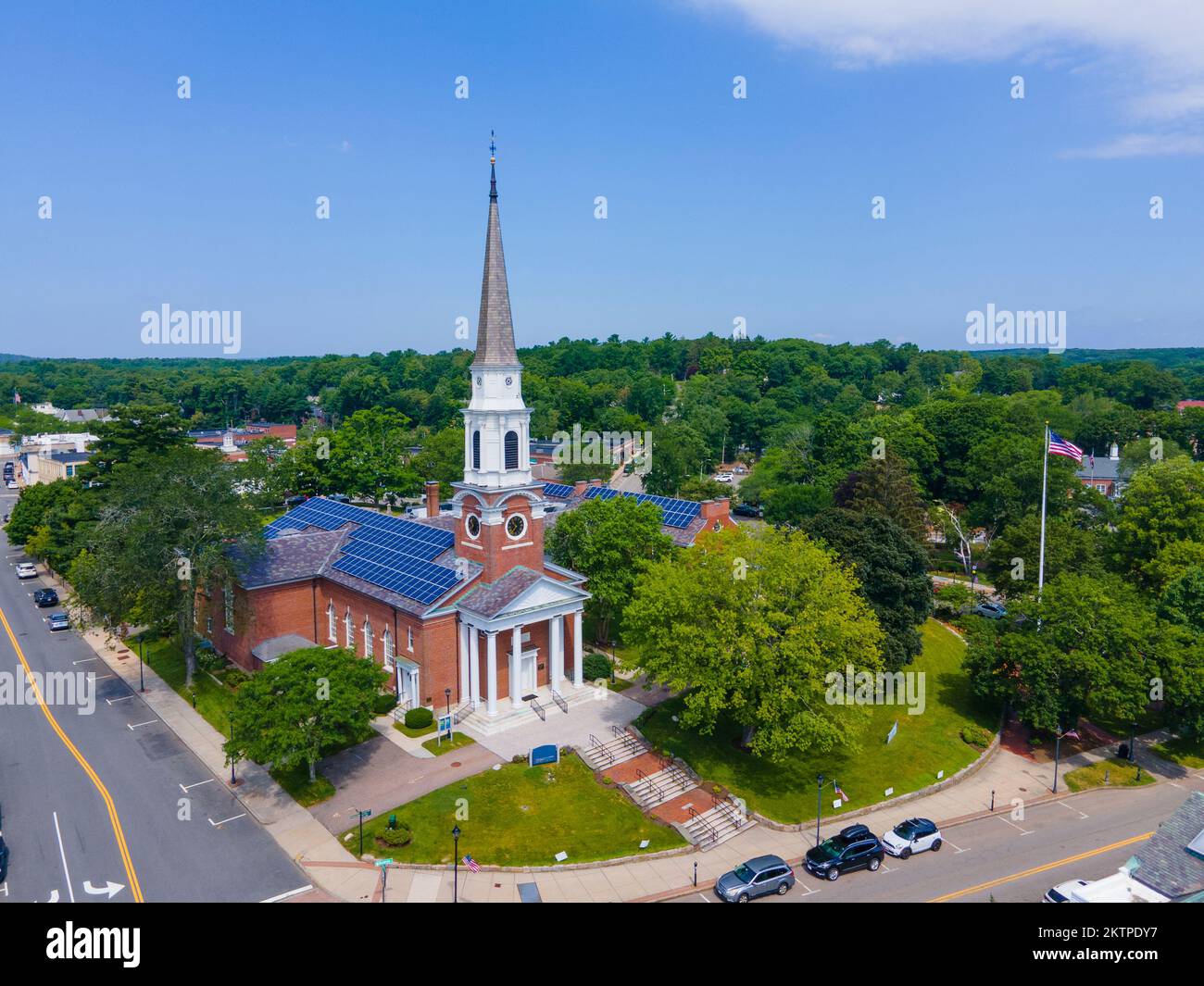Aerial view of Wellesley Congregational Church and Central Street in ...