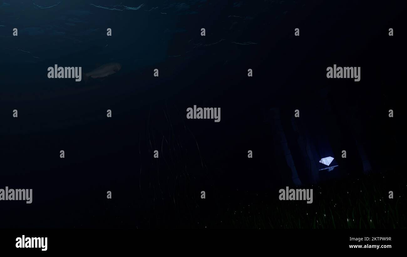 Dark marine underwater background with swimming fish. Design. Abstract ...