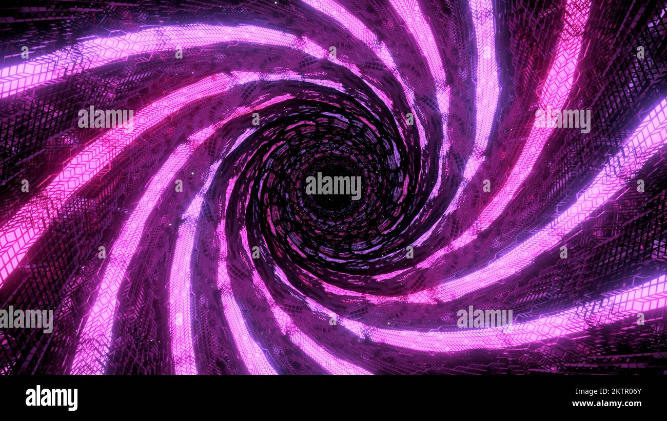 Rotating cyber tunnel with neon lines. Design. Rotating spiral of neon ...