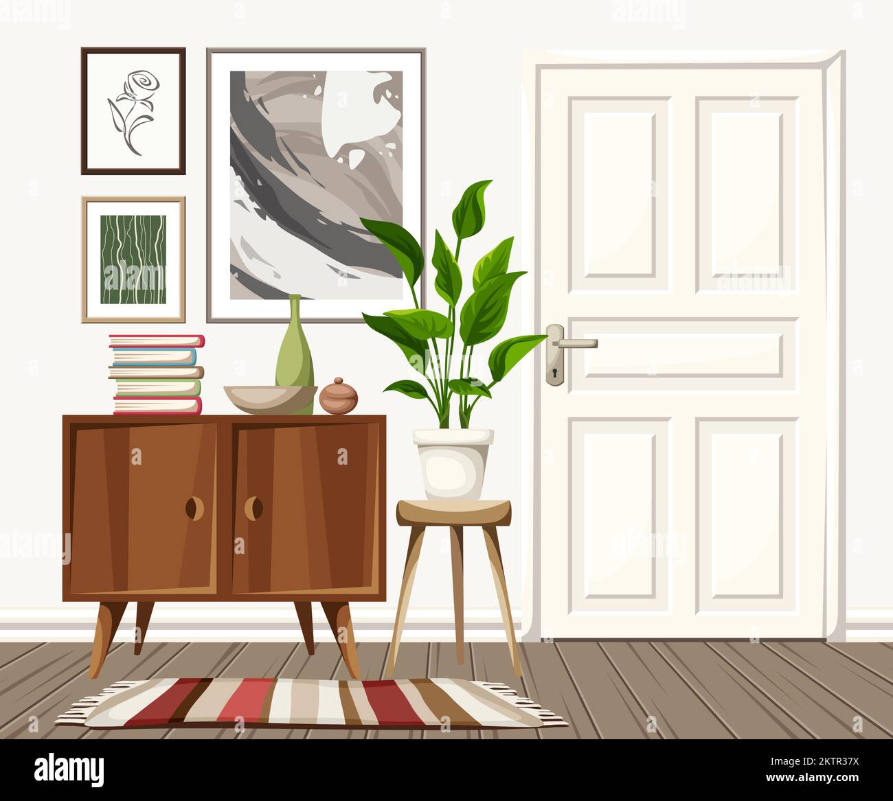 Scandinavian room interior with white walls and door, a dresser, a ...