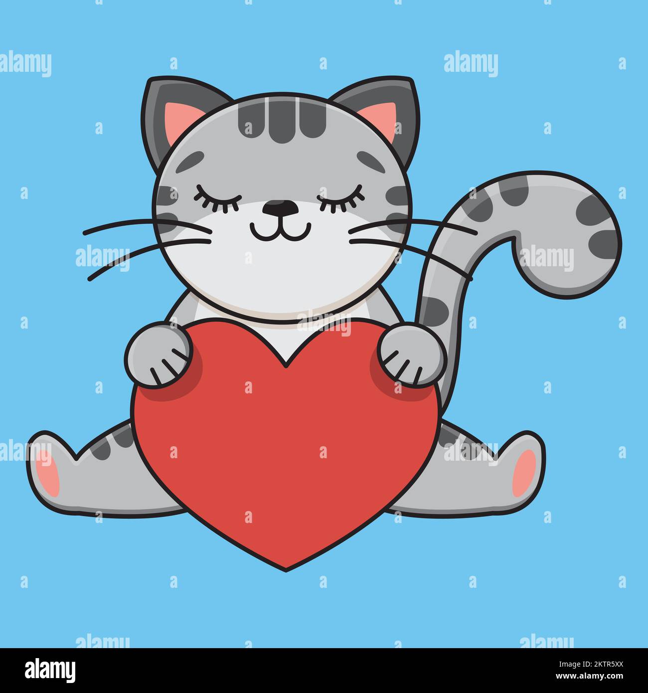 Cartoon gray cat holding a red heart. Childrens print. Vector sticker ...