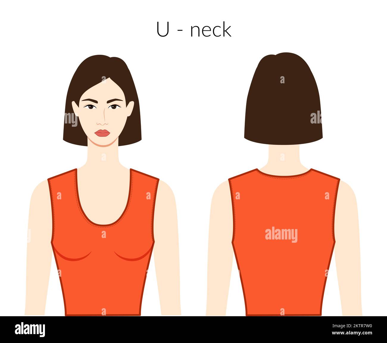 U - neckline clothes character beautiful lady in orange top, shirt, dress technical fashion ...