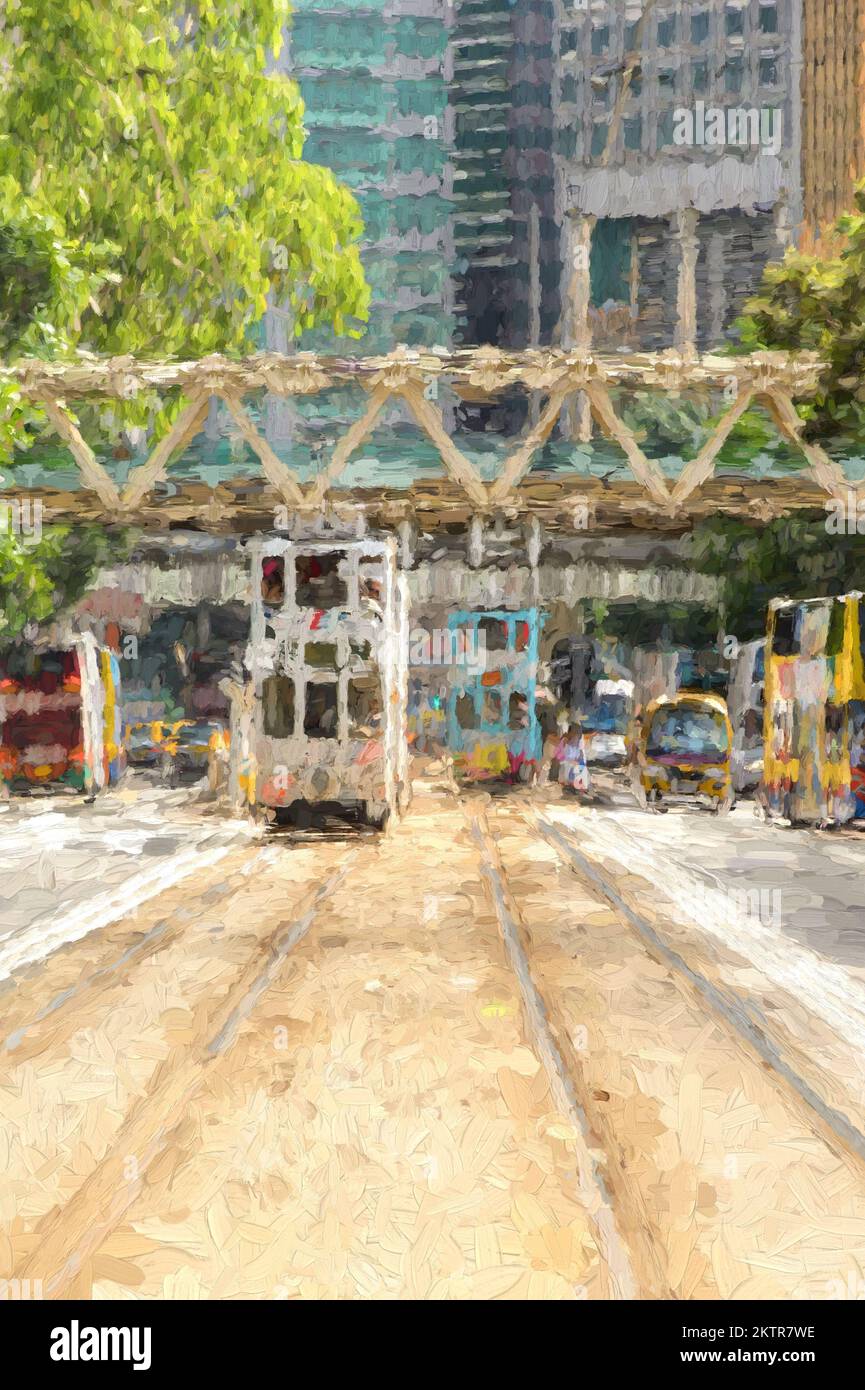 Double-decker tram on street of Hong Kong Stock Photo - Alamy