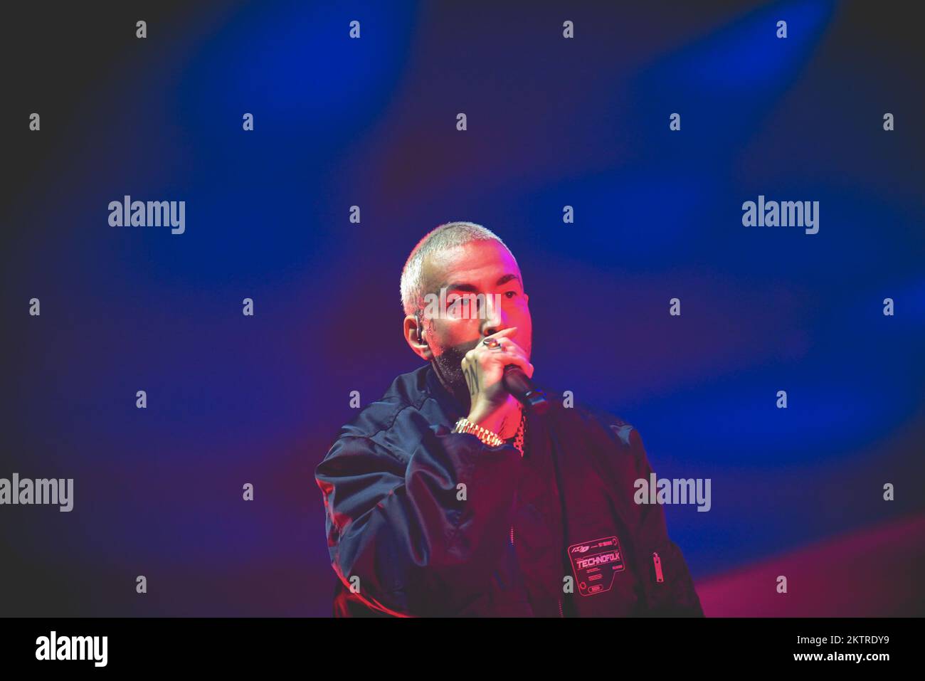 Naples, Italy. 29th Nov, 2022. The Italian rapper Luchè performs live ...