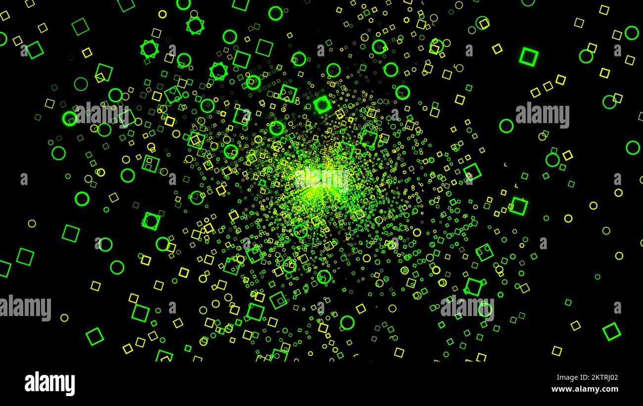 Rotating squared matrix field on a black background. Design. Green ...