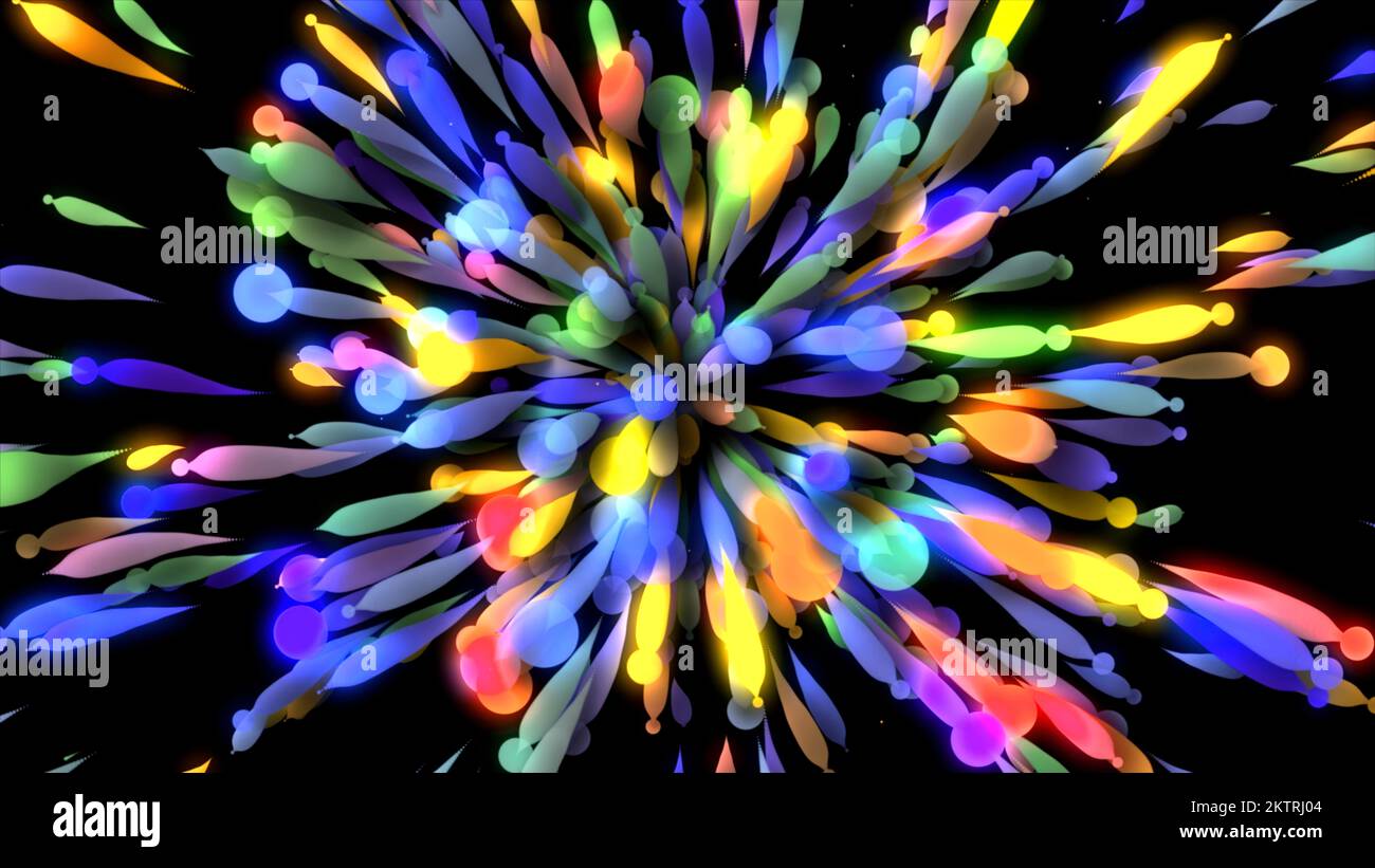 Black background. Motion.Voluminous multi-colored short lines are ...