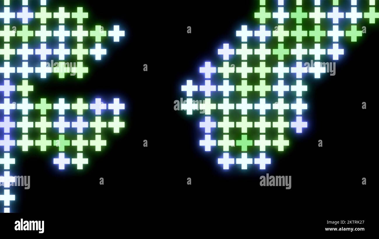Black background . Design. Green and blue crosses of small sizes in the ...