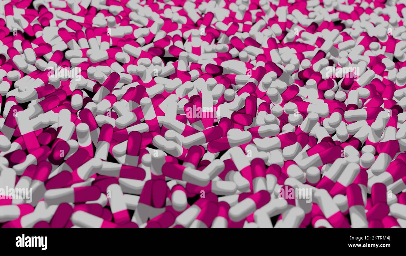 Black background with lots of pills. Design. Bright animation on which ...