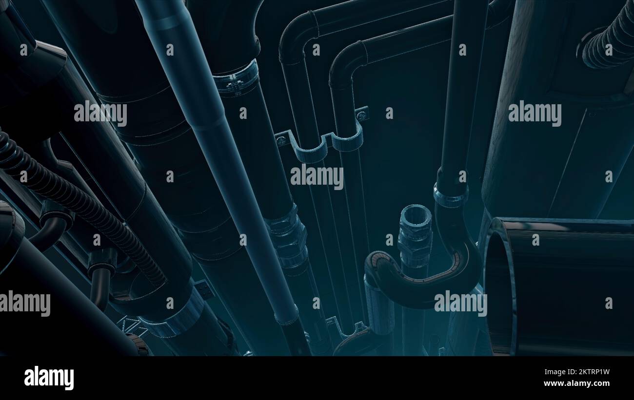 3D animation with pipe channel. Motion. Movement on sewer or industrial ...