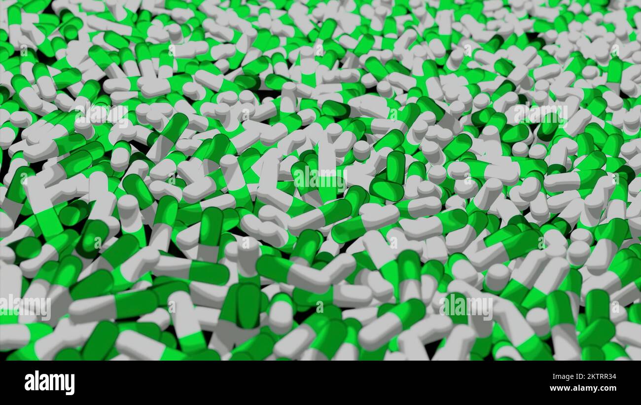 Black background with lots of pills. Design. Bright animation on which ...