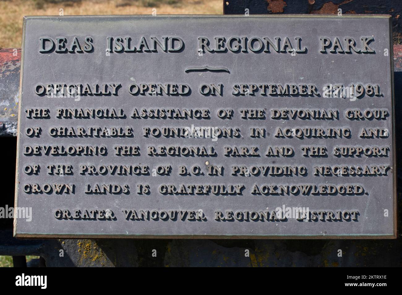 Deas Island Regional Park sign in Delta, British Columbia, Canada Stock ...