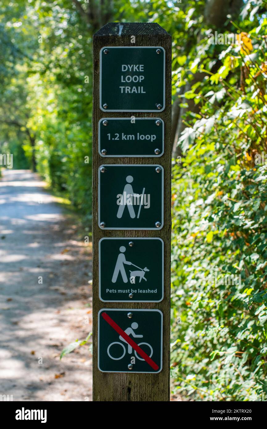 Hiking trail signs at Deas Island Regional Park in Delta, British ...
