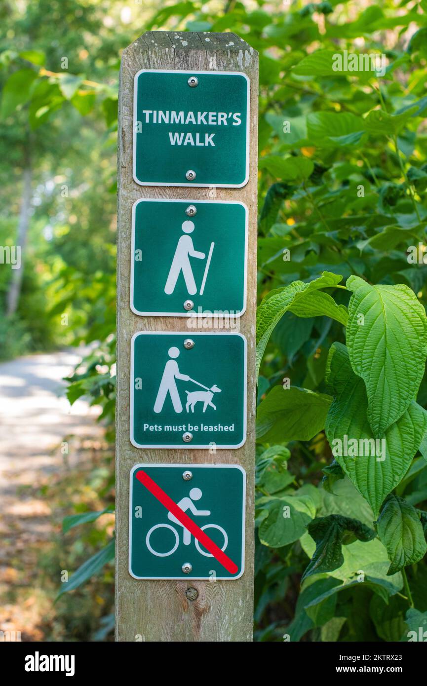 Hiking trail signs at Deas Island Regional Park in Delta, British ...