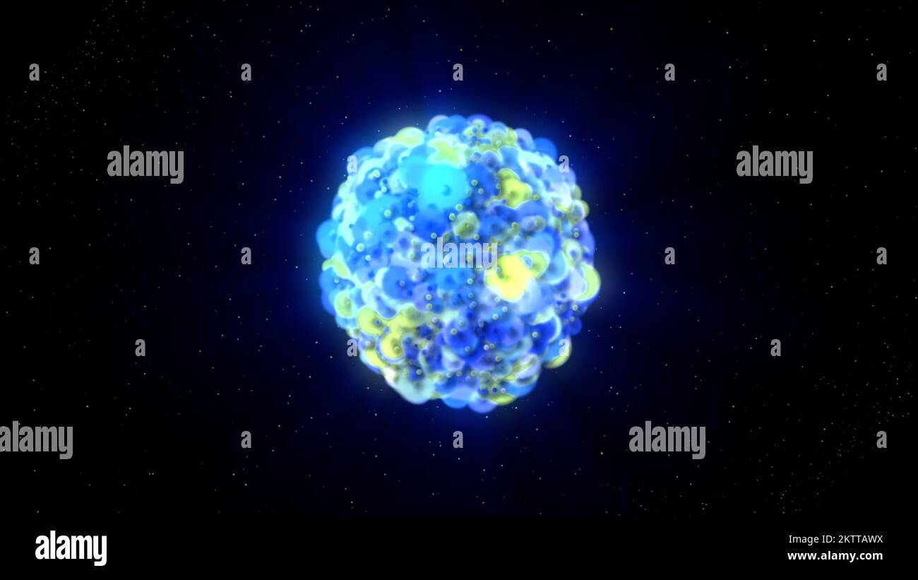 Abstract division of cells in round shaped 3D shere isolated on a black ...