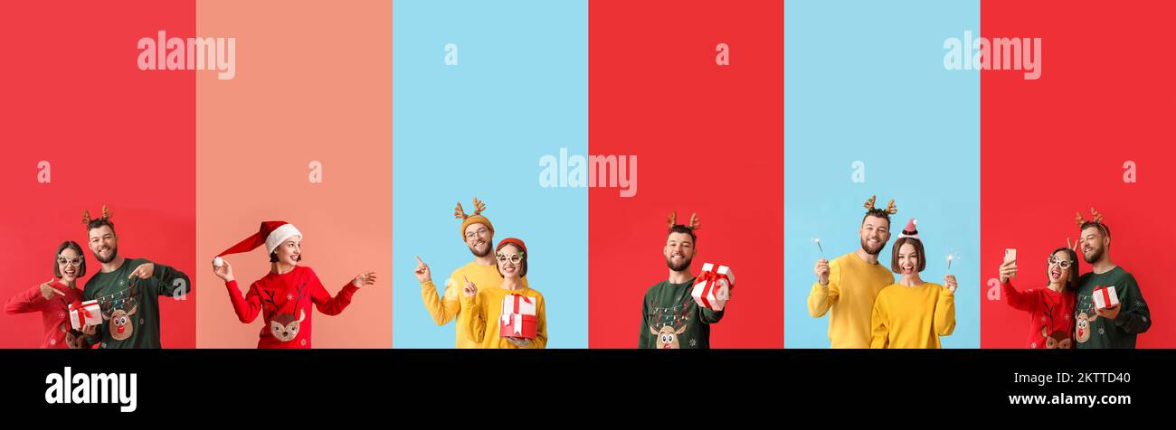 Set of happy young people in stylish Christmas clothes on color ...