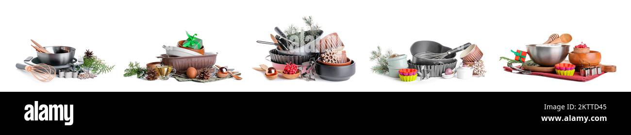 Collage of kitchen utensils and products for Christmas bakery on white ...