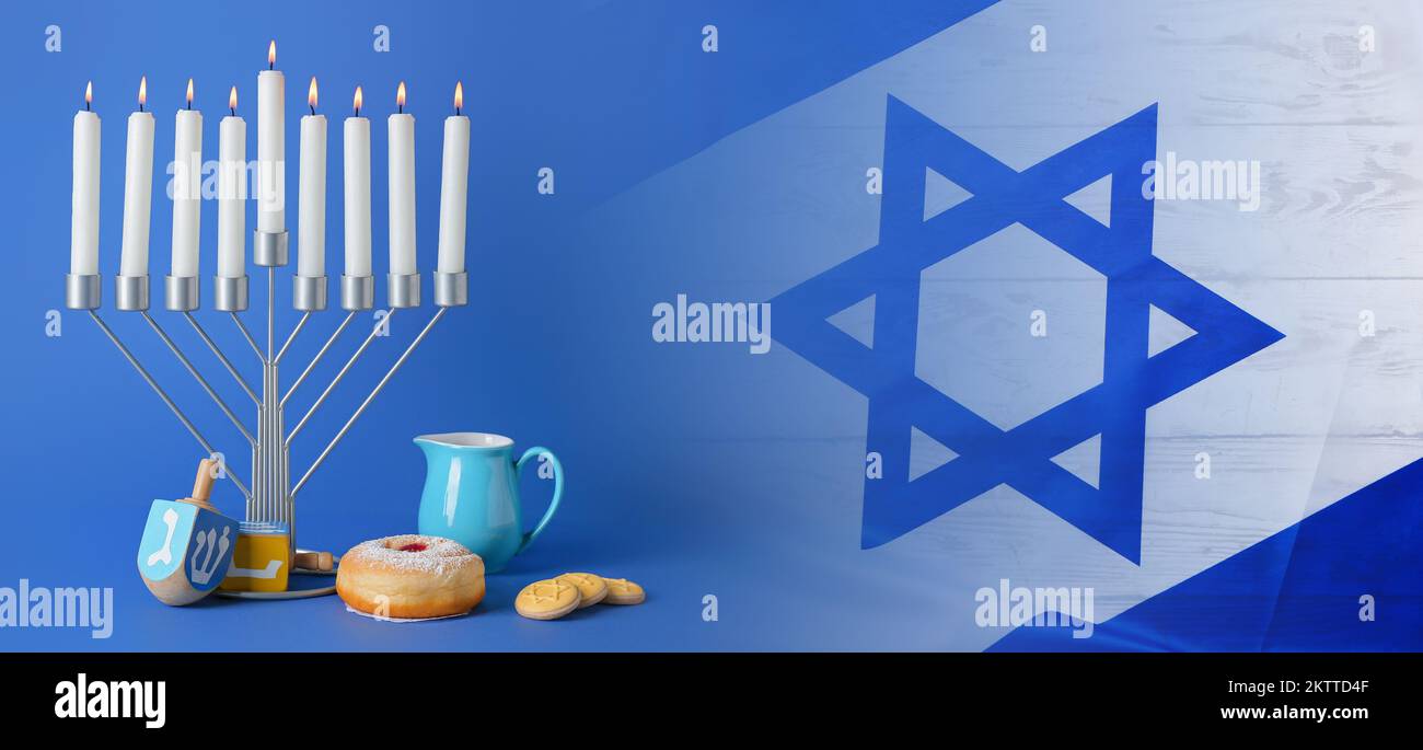 Collage of Israeli flag with menorah, dreidels and tasty desserts for ...