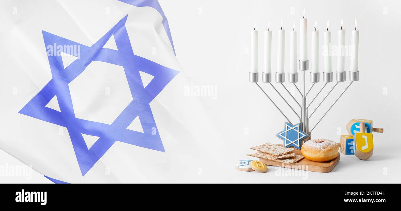 Collage of Israeli flag with menorah, dreidels and food for Hanukkah ...