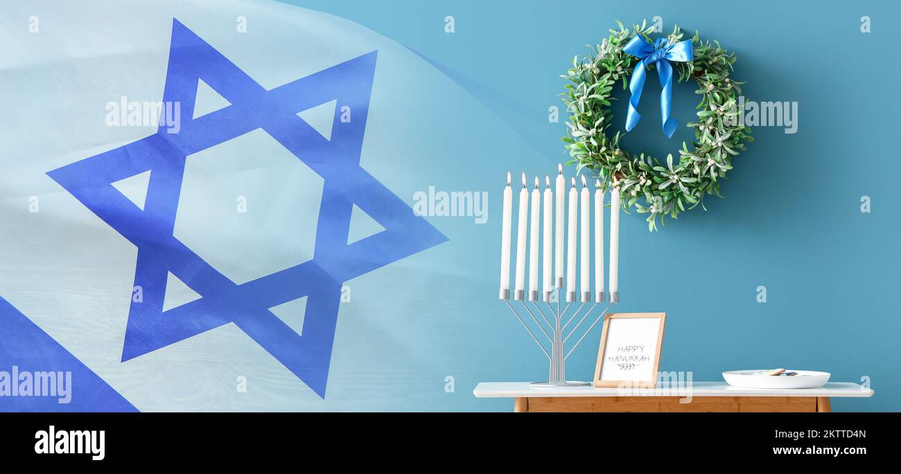 Collage of Israeli flag with menorah for Hanukkah and mistletoe wreath ...