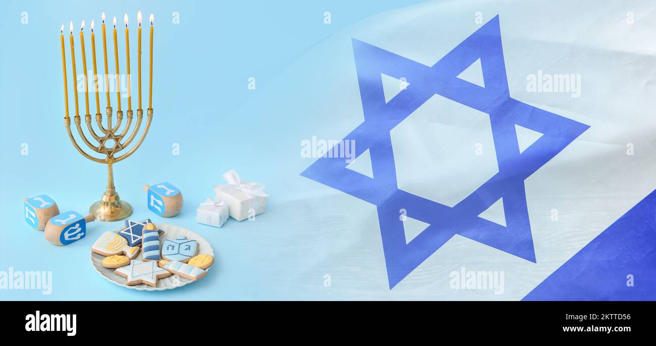 Collage of Israeli flag with menorah and cookies for Hanukkah Stock ...