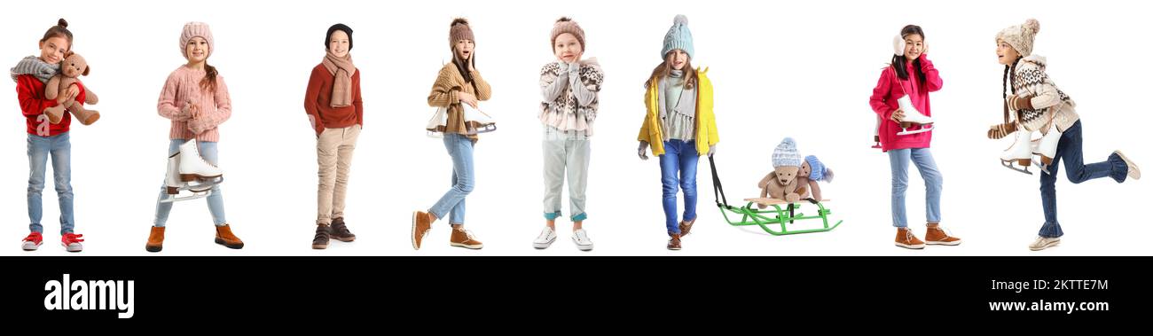 Collection of stylish little children in winter clothes on white ...