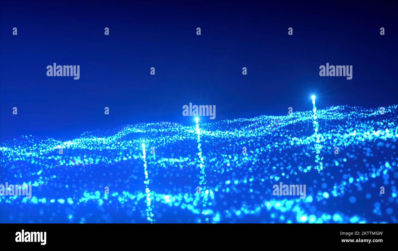 Glowing dots rise above waves of energy. Motion. Magic particles move over stream. Bright energy ...