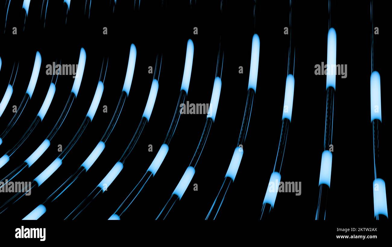 Abstract bended dark tubes with moving long lights on a black ...