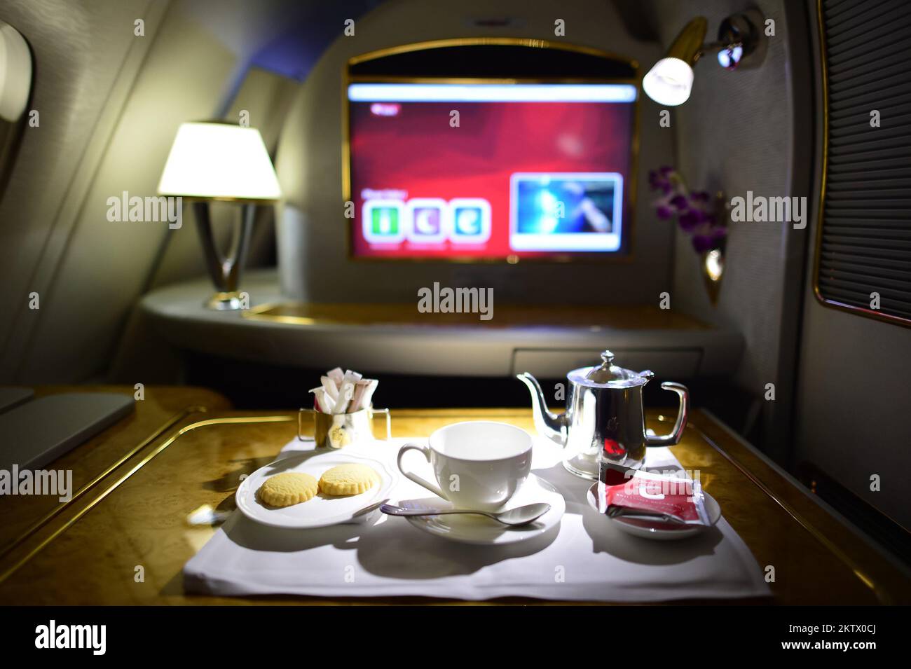 DUBAI, UAE - MARCH 31, 2015: Emirates first class interior. Emirates is ...