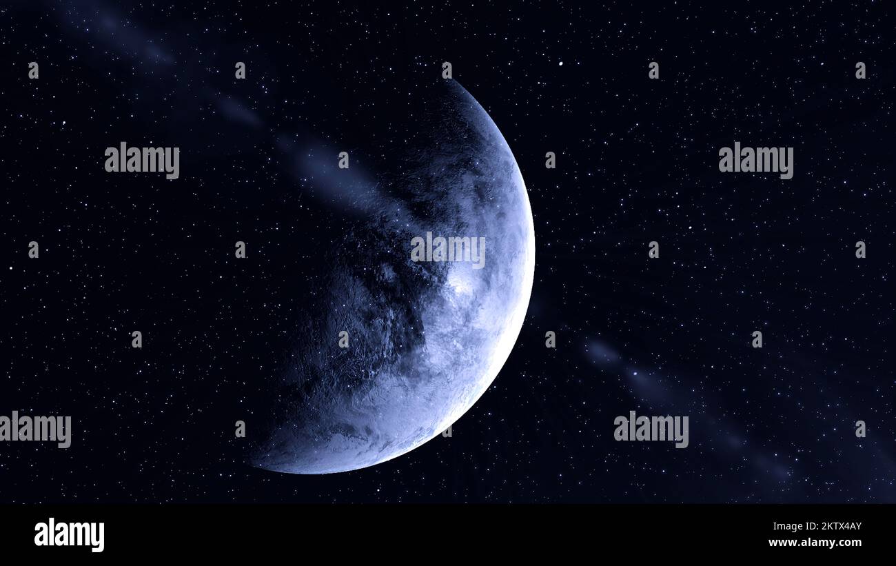 Rotating cold planet in space. Motion. 3D planet rotates on background ...