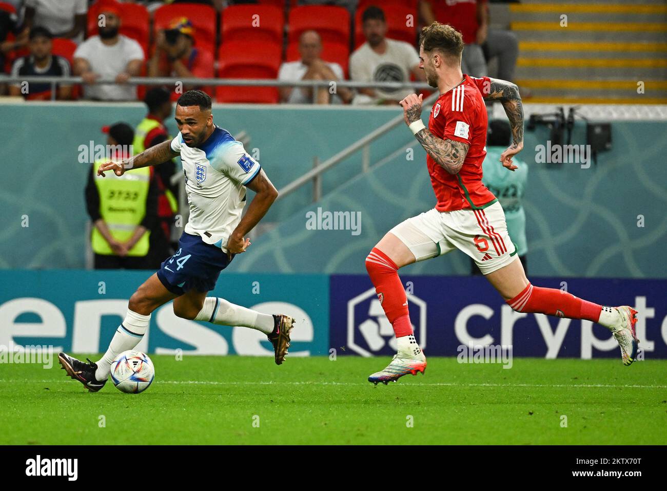 Callum Wilson of England and Joe Rodon of Wales during Wales v England ...