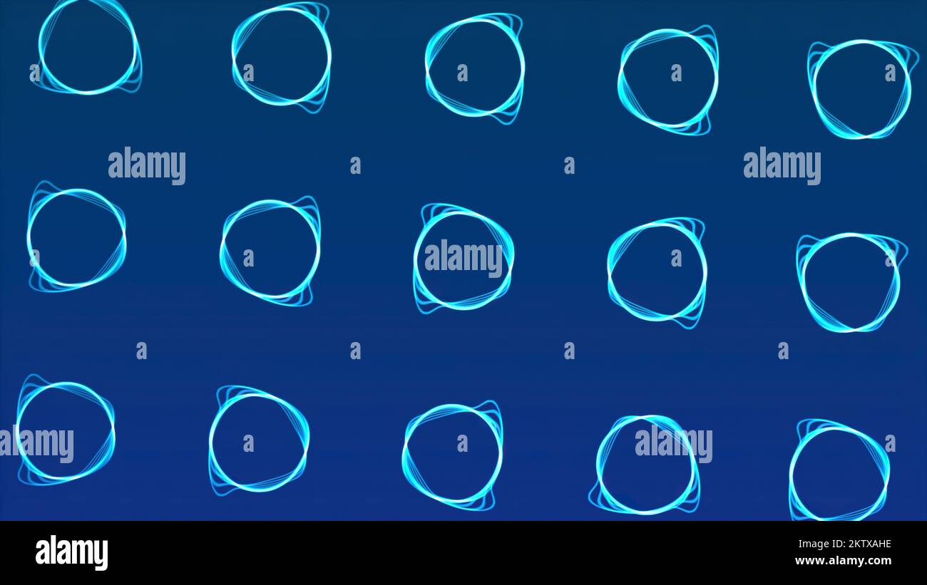 Blue background. Motion. The illuminated lines make up the circles in the animation that move ...