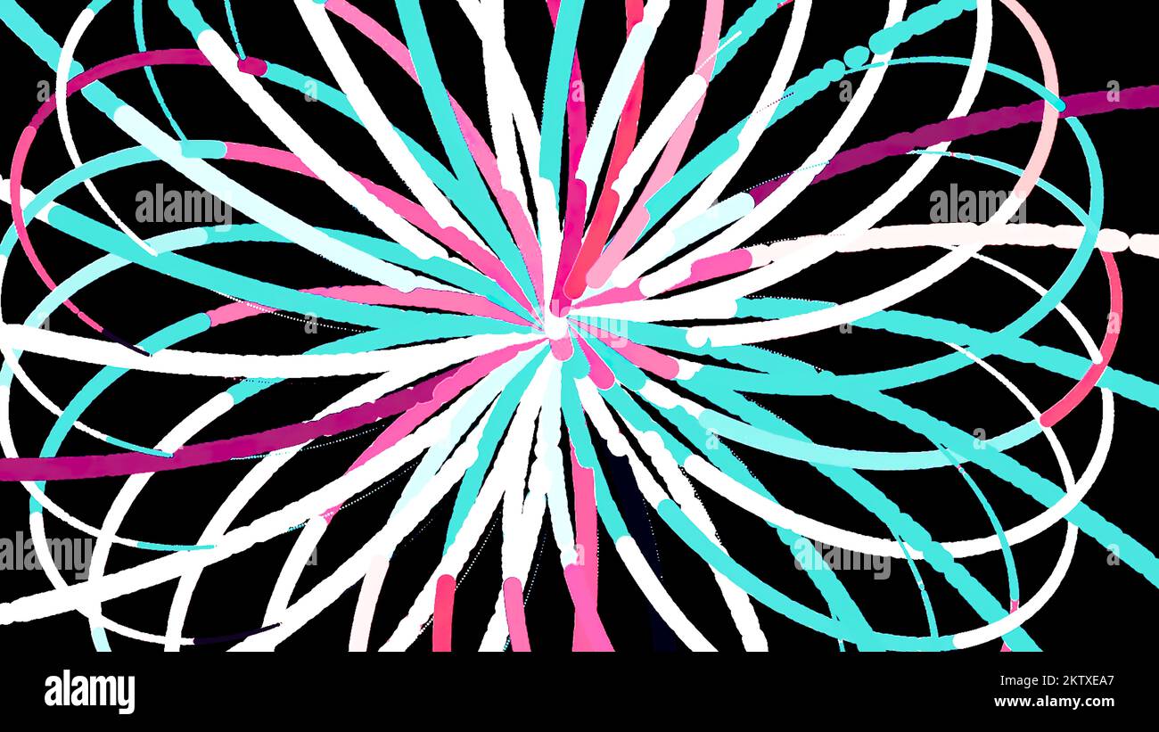 Black background. Motion.White swirling lines along which multicolored ...