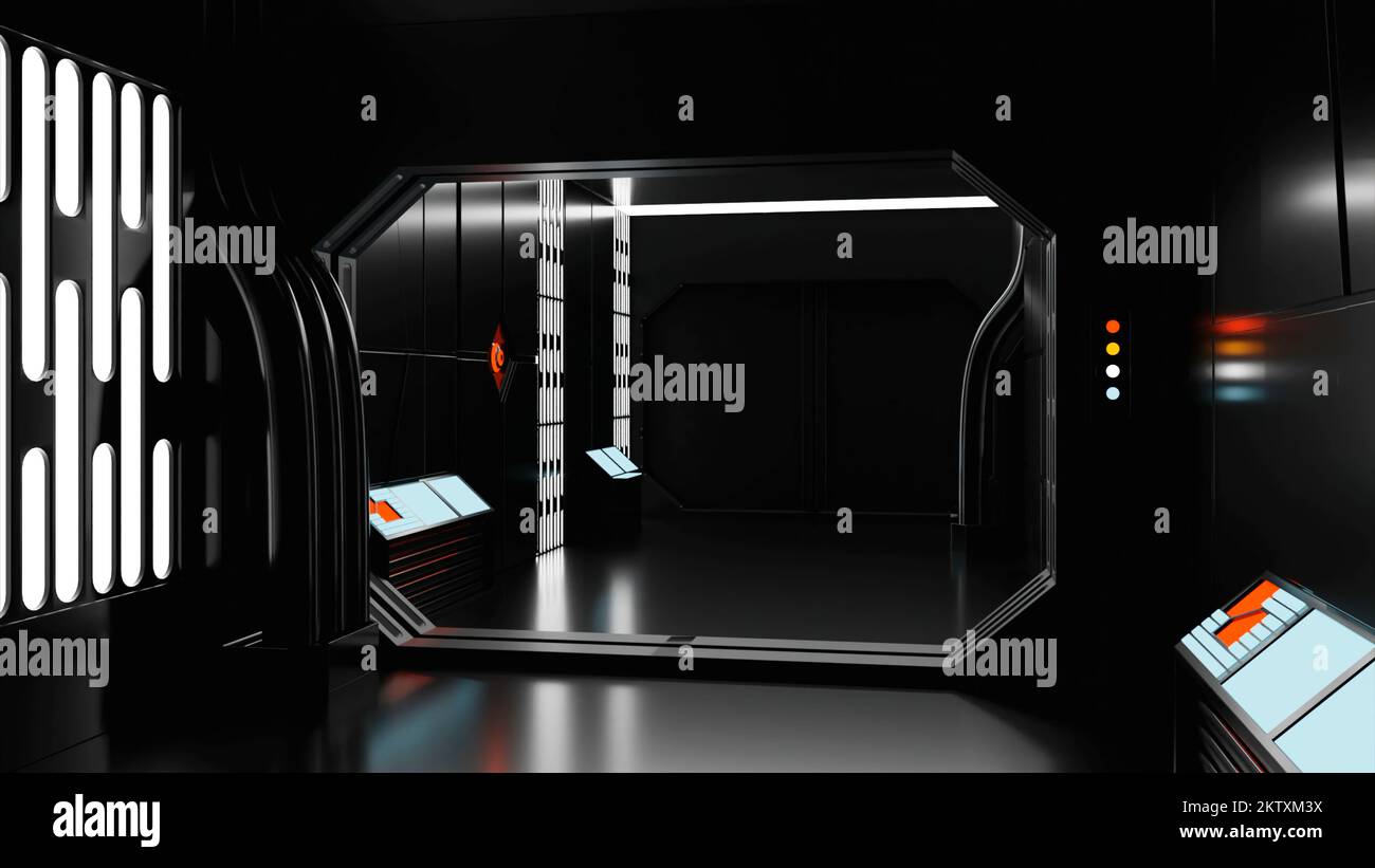 Abstract interior of a military base. Design. Dark walls, buttons and ...