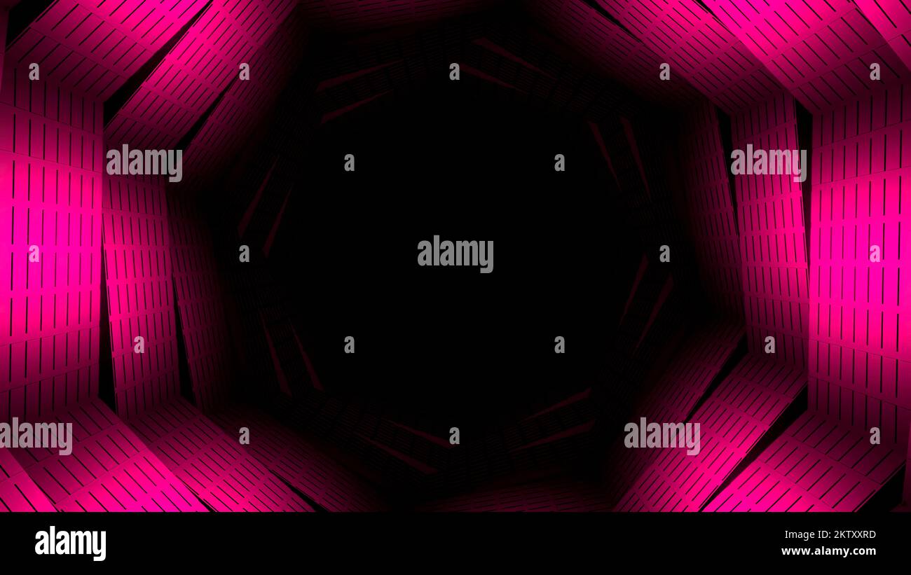 Abstract pink hexagonal tunnel with dark center. Design. Flying inside ...