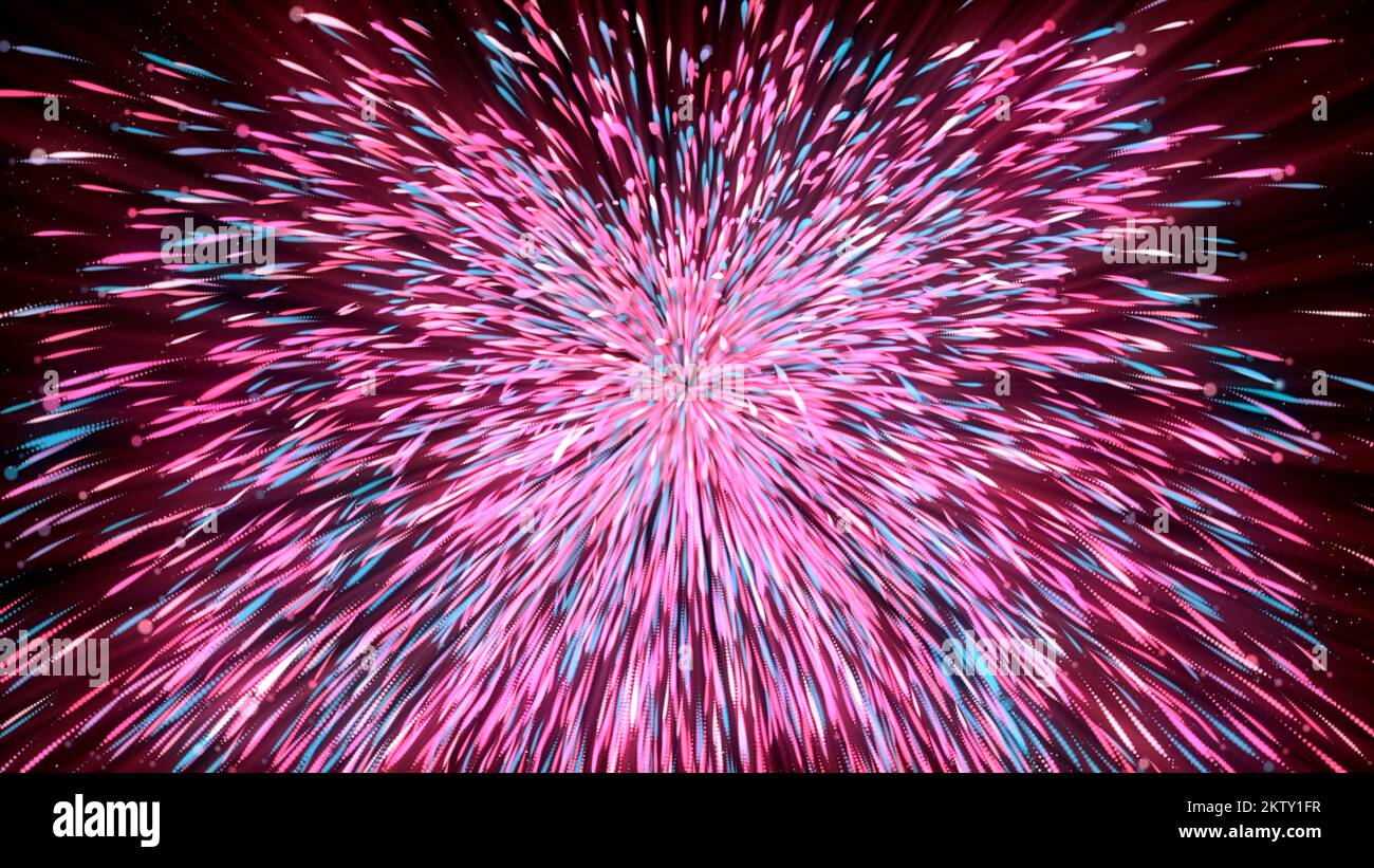 Bright beautiful fireworks on a dark night sky background. Motion. Spreading sparkles in the ...
