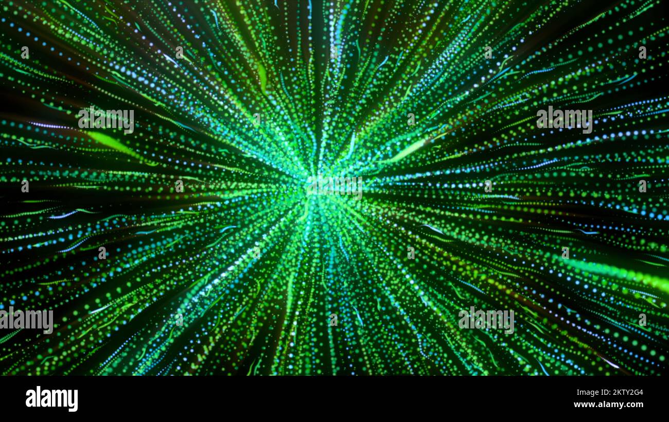 Abstract green star explosion in black outer space. Motion. Beautiful ...