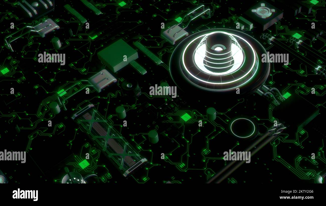 Abstract control panel of a futuristic computer machine. Glowing ...