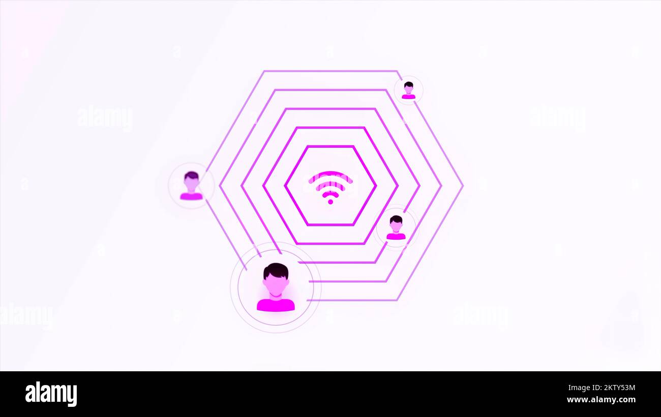 Wifi icon pulsating and spreading signal among people silhouettes ...