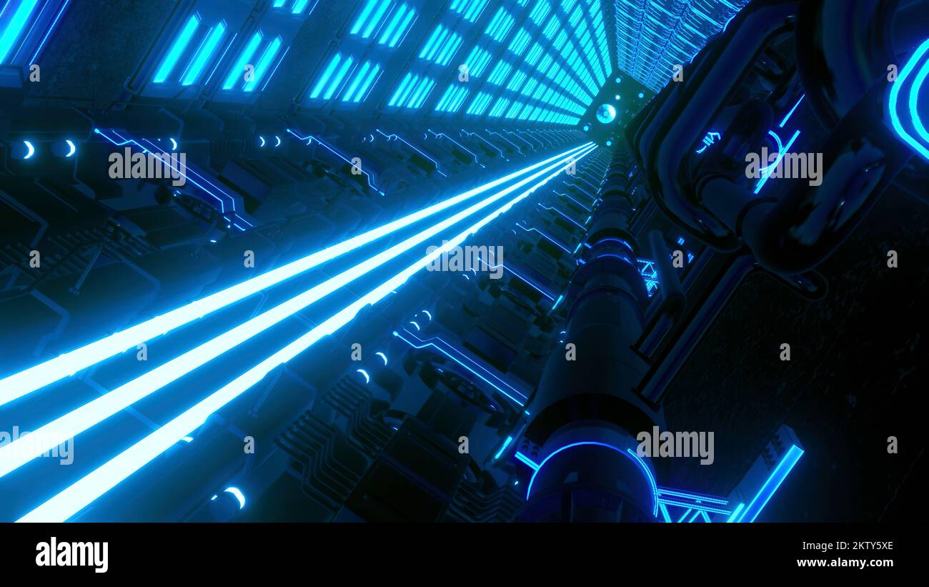Flying inside alien space ship with neon flowing tubes. Motion. Details ...